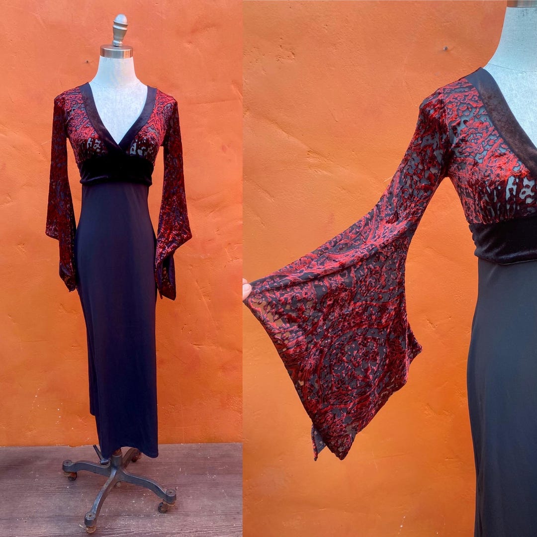 Vintage 1990s Y2K Black Red Cut Velvet Midi Wiggle Dress * Bodycon ...