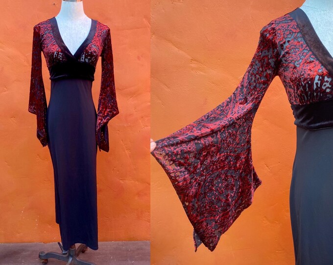 Vintage 1990s Y2K Black Red Cut Velvet Midi Wiggle Dress * Bodycon ...