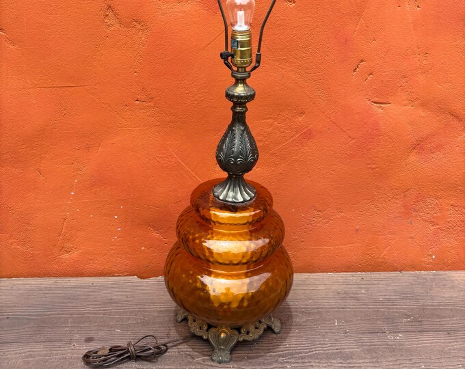 Mid Century Modern Amber Glass Triple Globe Table Lamp Hollywood ...