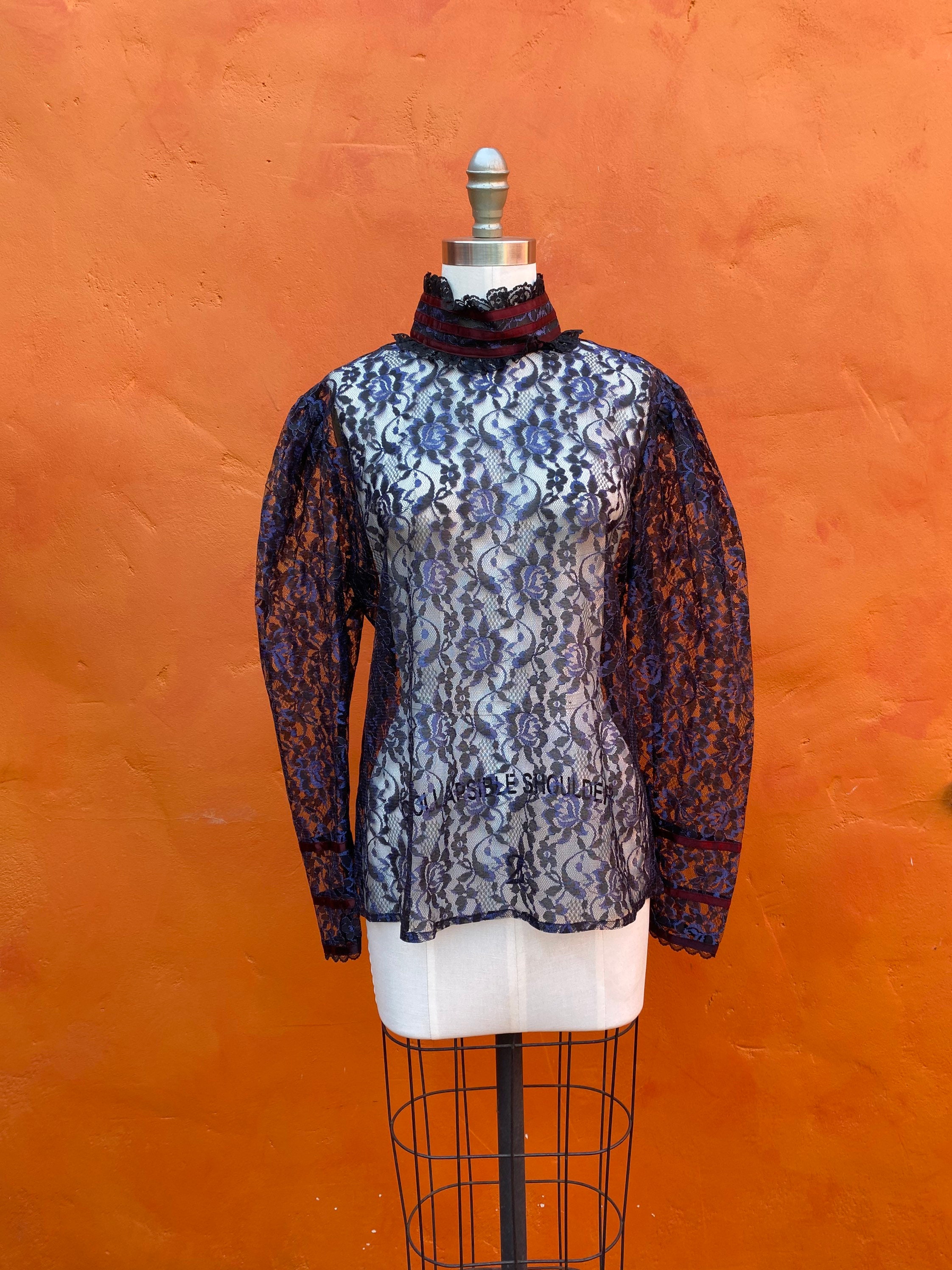 Vintage Sheer Black Blue Lace Ruffle Blouse. Edwardian Blouse ...