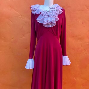 Glam Vintage 1970s Red Maxi Dress. White Pleated Ruff at Neck. Vampire ...