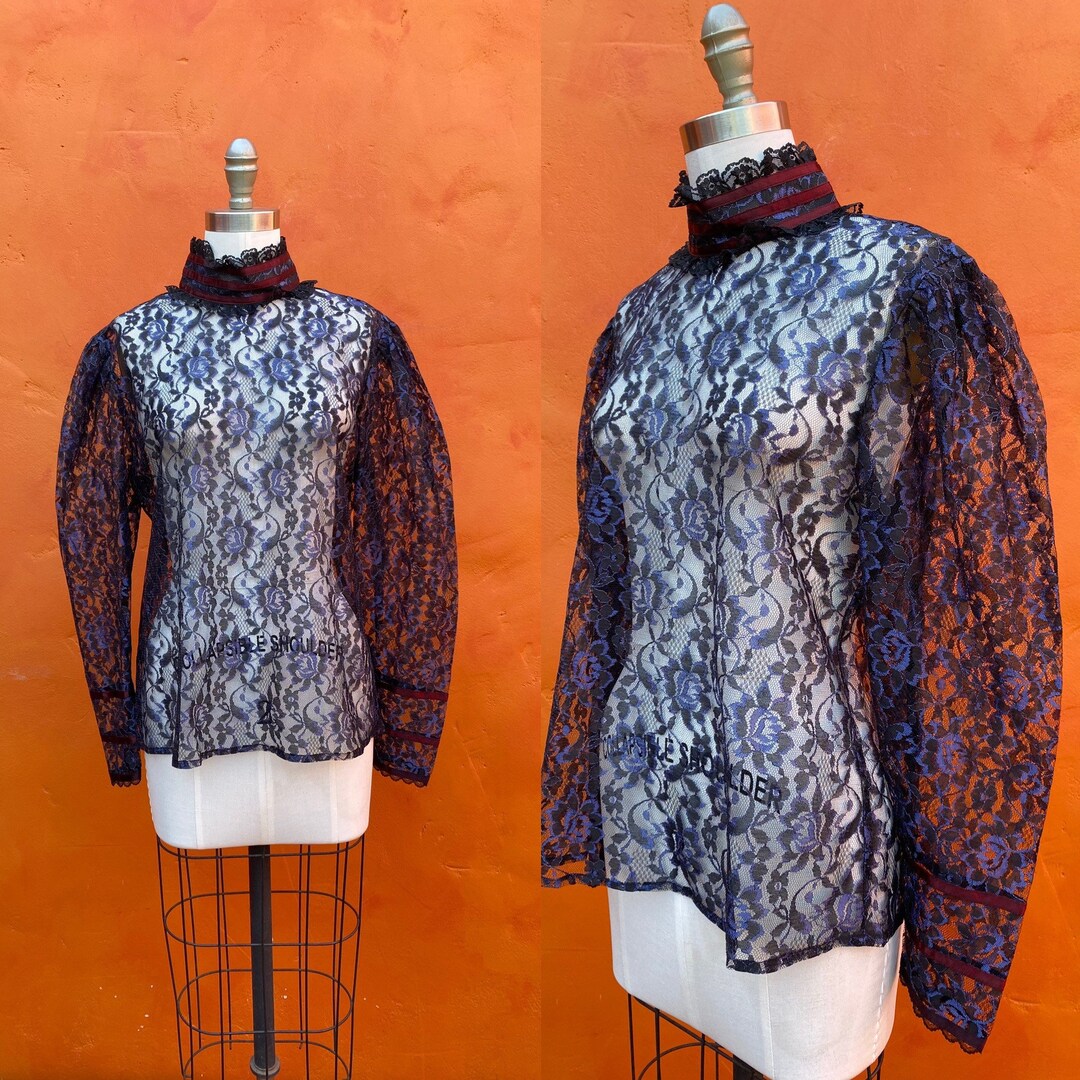 Vintage Sheer Black Blue Lace Ruffle Blouse. Edwardian Blouse ...