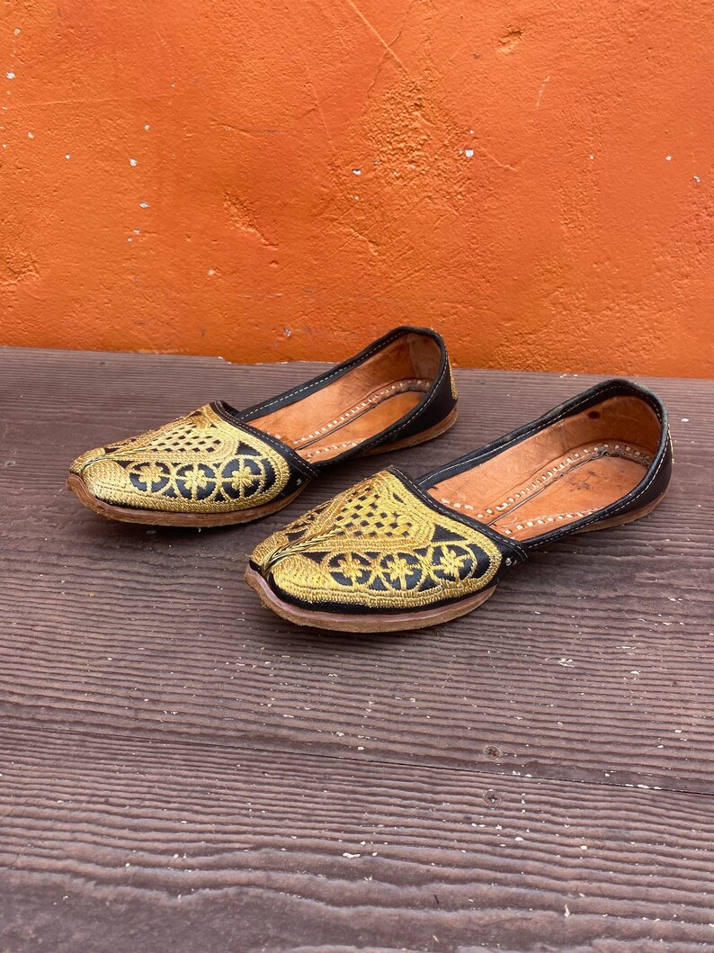 Vintage Ethnic Middle Eastern Men's Black Leather Embroidered Gold ...