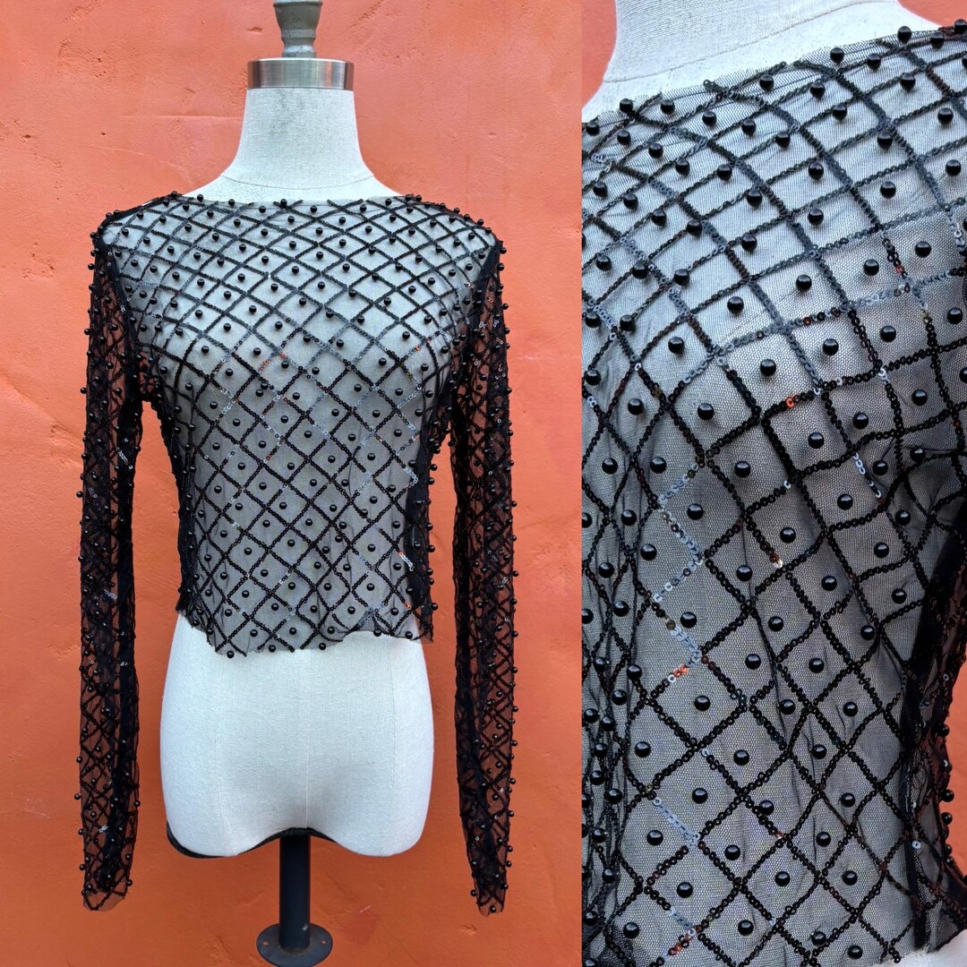 Vintage Sheer Black Netting Beaded Top Blouse Shirt. Victorian Dark ...