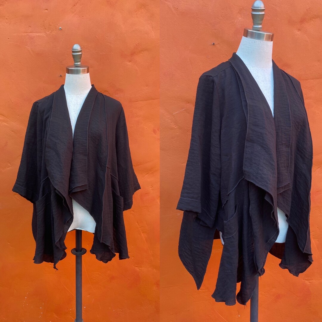 Vintage Black Waterfall Duster Jacket Coat Lagenlook Asymmetrical Dark ...