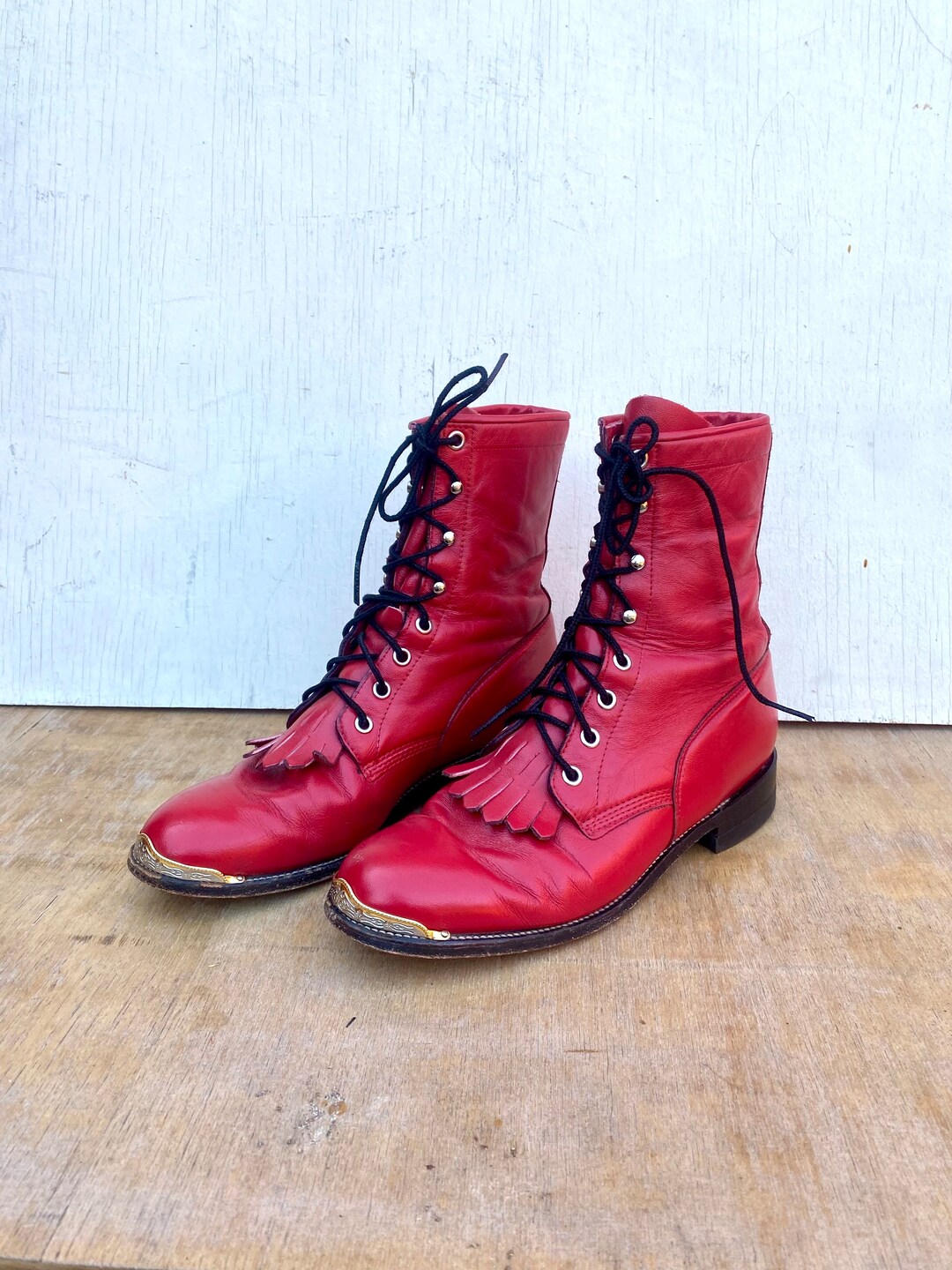 Vintage Justin Red Leather Kilted Lace up Boots Size 7.5 Victorian ...