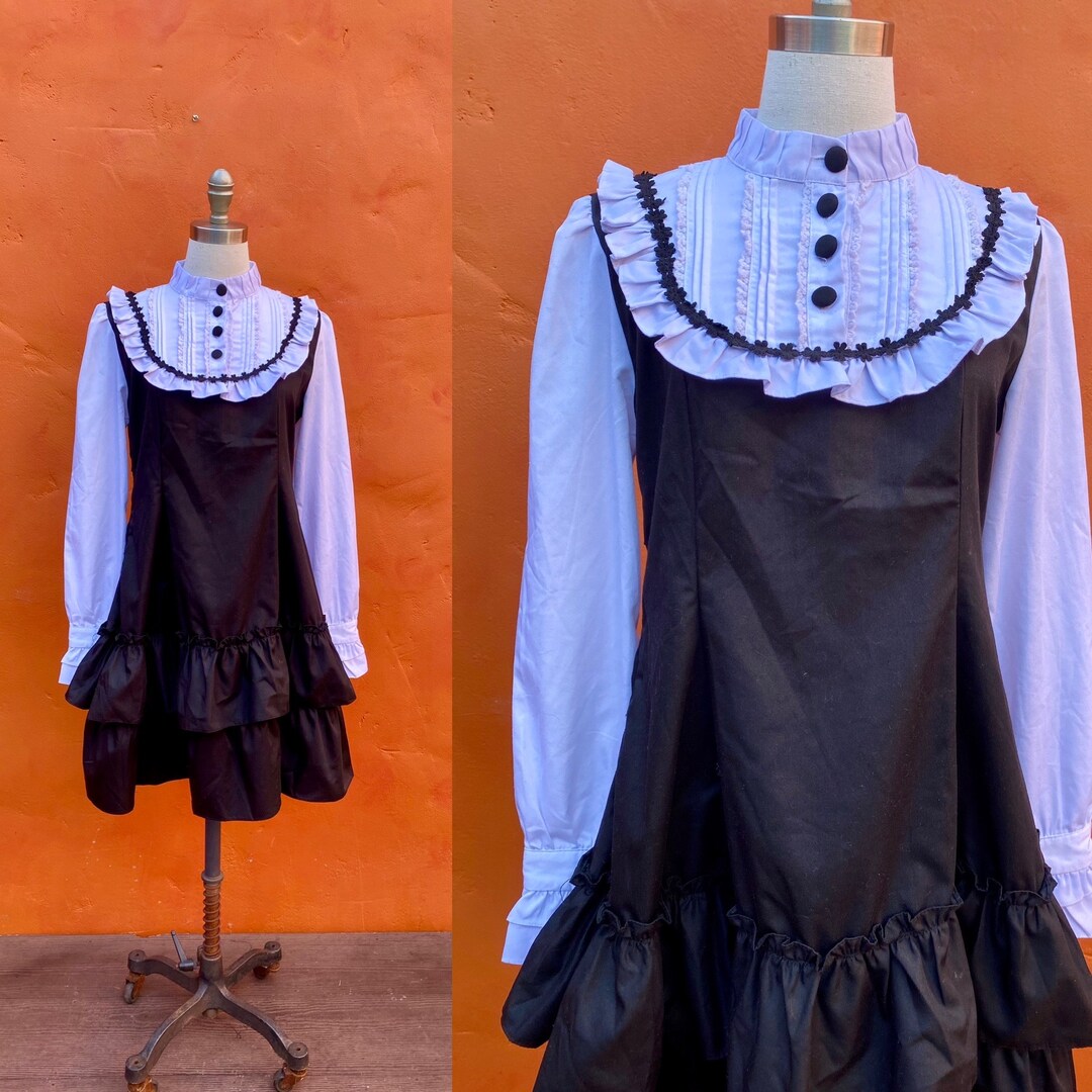 Vintage Black & White Ruffle Dress Tuxedo Pleats Gothic Lolita Dark ...