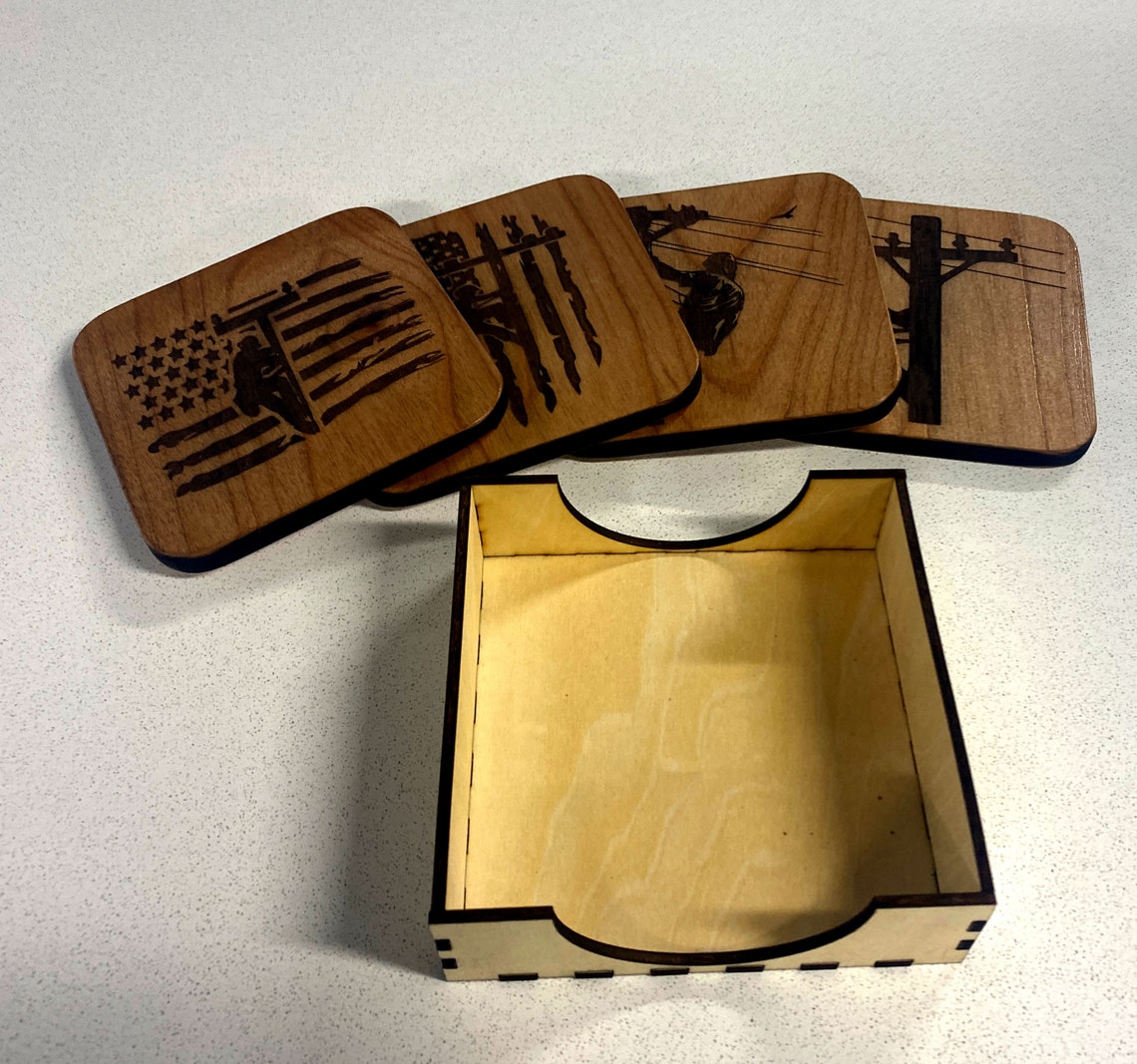 Solid Wood Lineman Engraved Set of 4 Customizable Drink Coaster Fathers ...