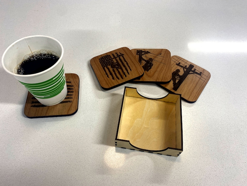Solid Wood Lineman Engraved Set of 4 Customizable Drink Coaster Fathers ...