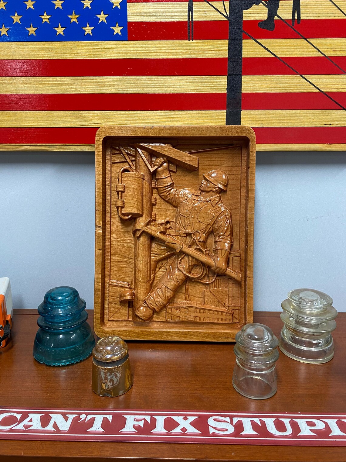 Lineman 3D Relief Carve Engraving Wood Wall Hanging Retirement ...
