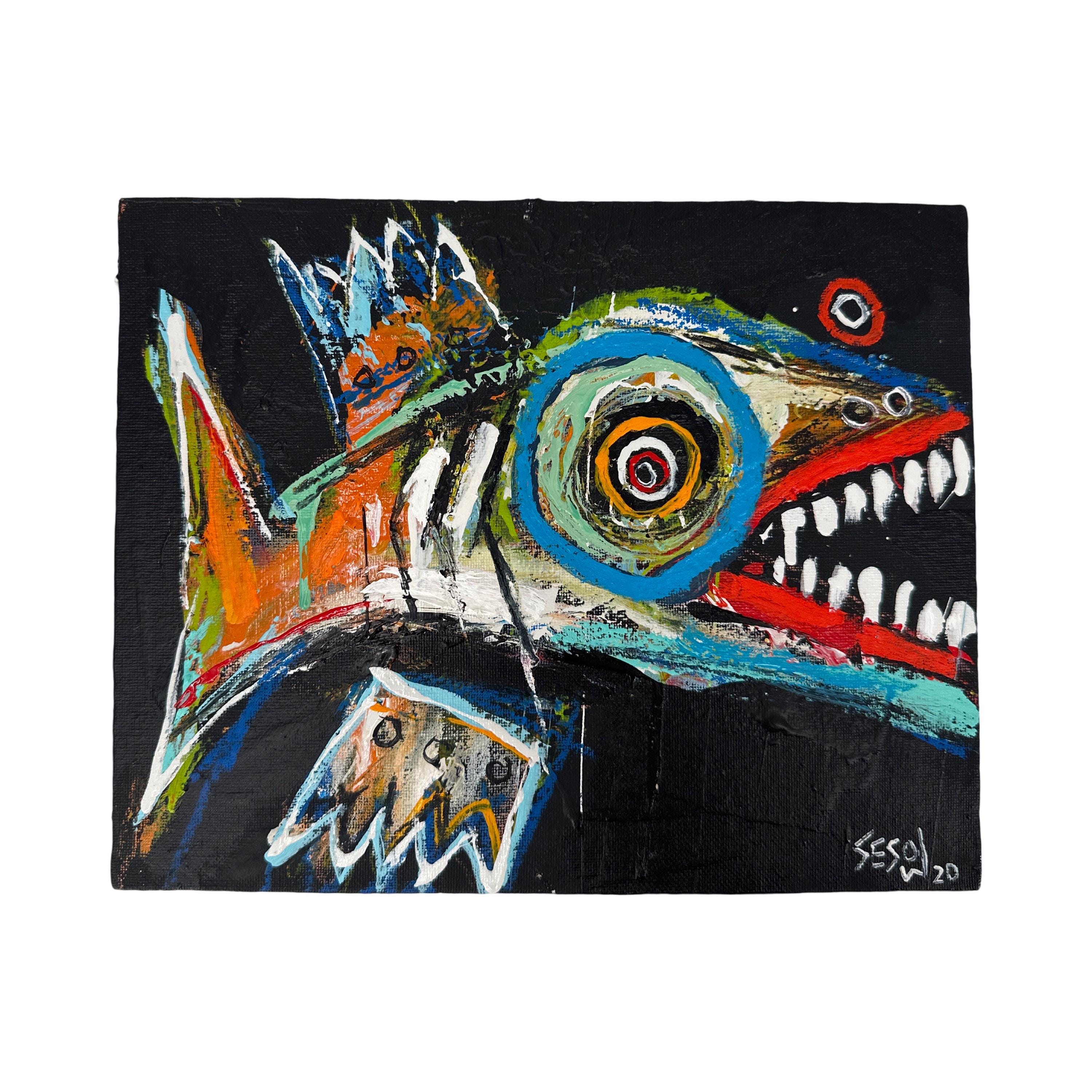 Acrylic on Canvas-panel Painting Wild and Colorful Fish Fossil Motif ...