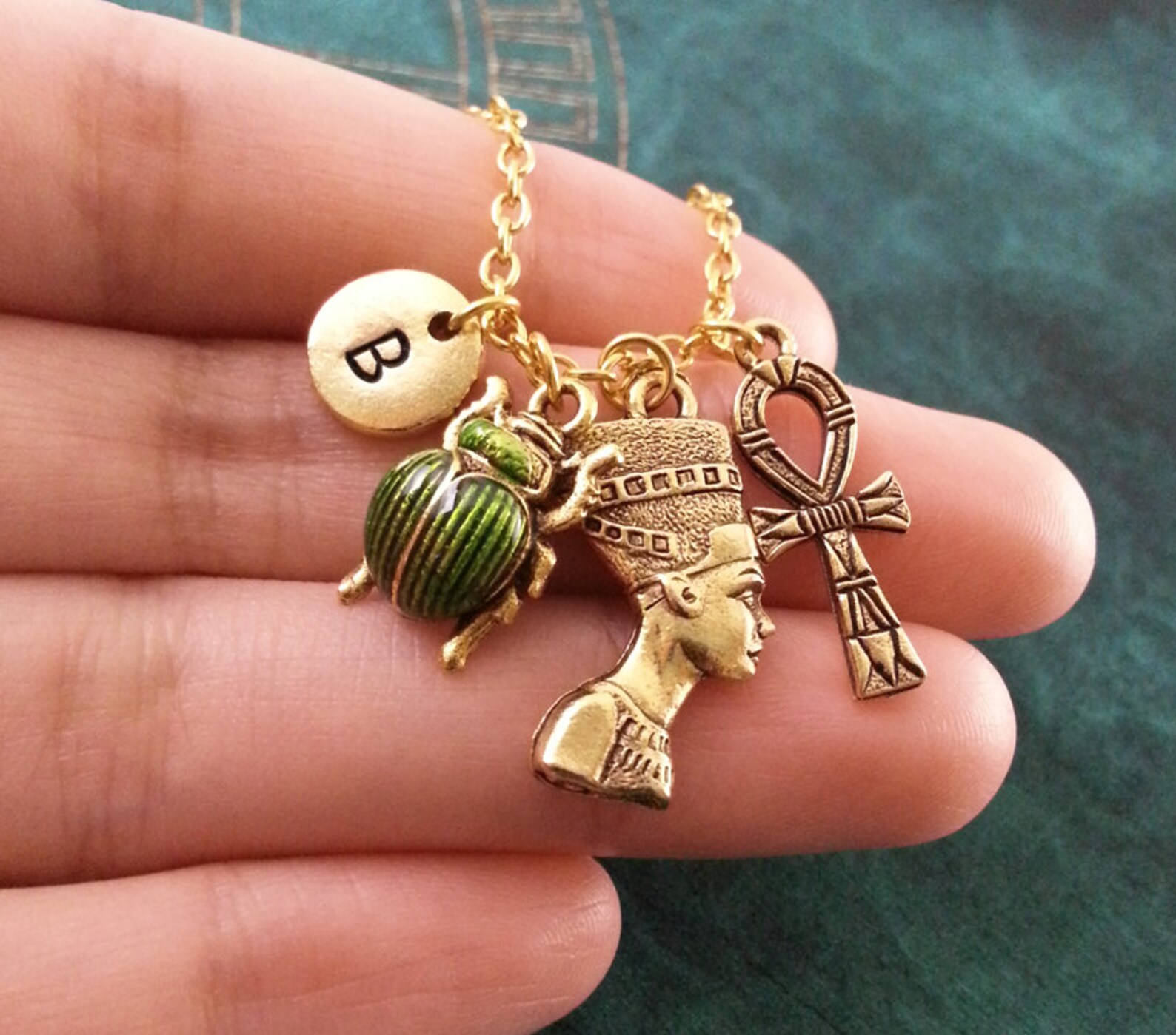 Nefertiti Keychain SMALL Gold Ankh Keychain Green Scarab Keychain ...