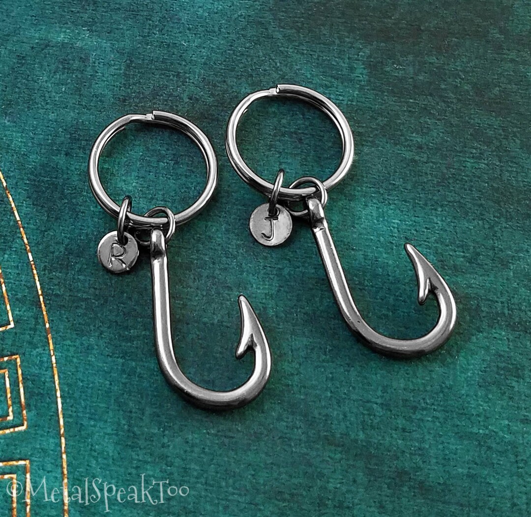 Fish Hook Keychain SET of 2 SMALL Black Fish Hook Keyrings Fishing ...