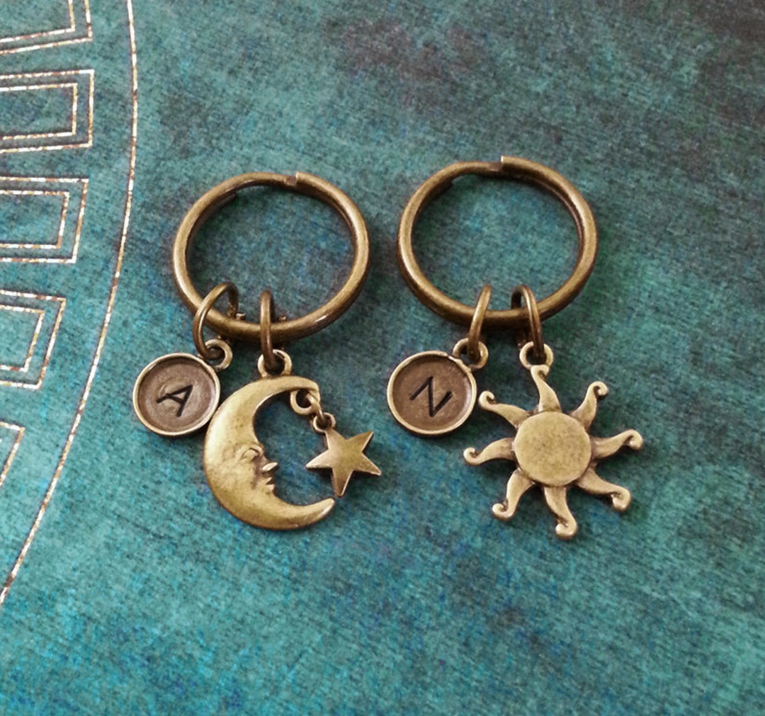 Sun Keychain SET of SMALL Sun and Moon Keychains Bronze Celestial ...