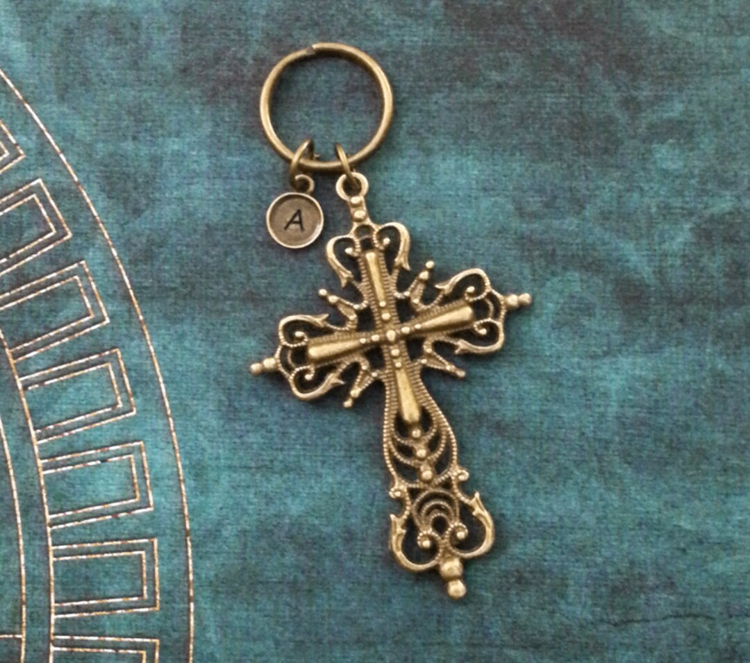 Cross Keychain LARGE Bronze Cross Keyring Christian Cross Gothic Cross ...