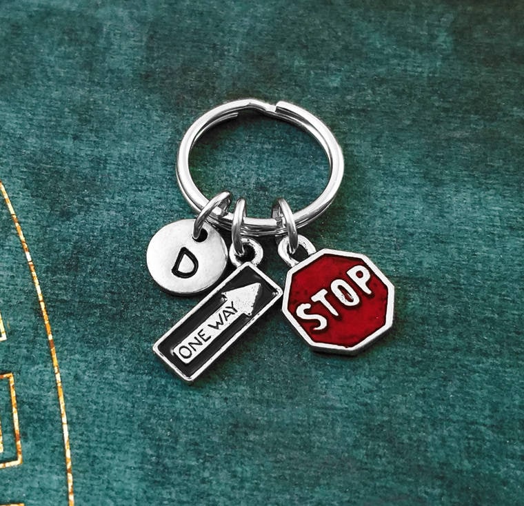 Stop Sign Keychain VERY SMALL One Way Keychain Initial Keychain Driving ...