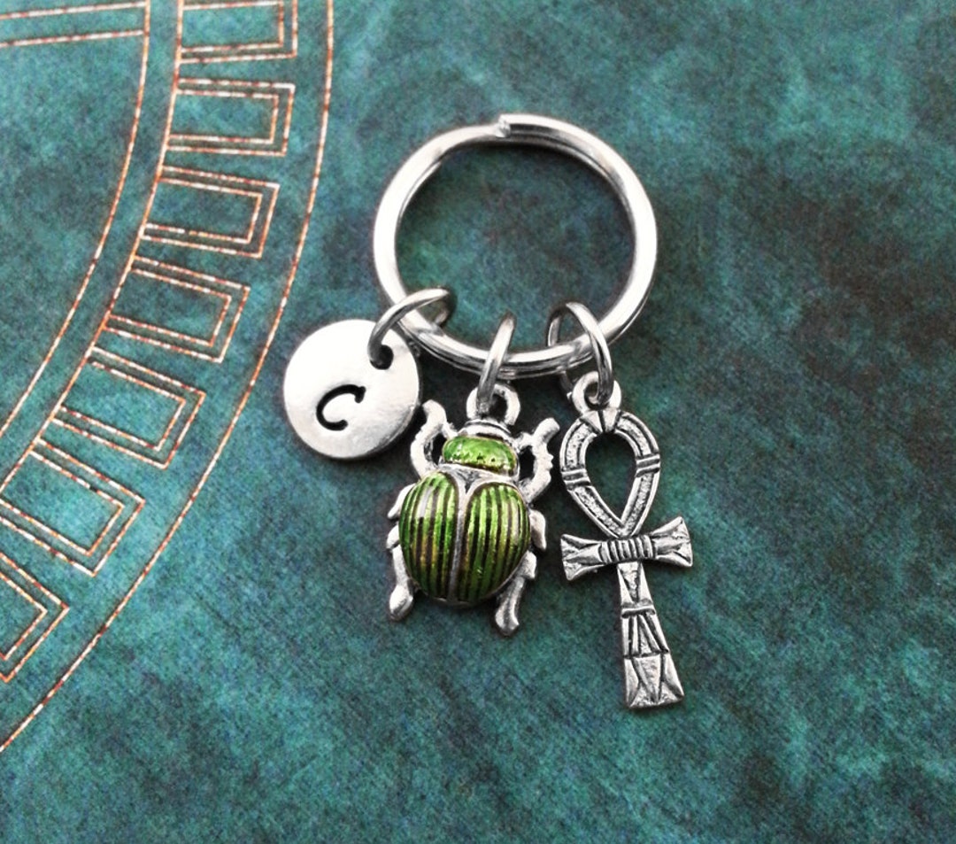 Scarab Beetle Keychain SMALL Silver Ankh Keychain Green Scarab Keychain ...