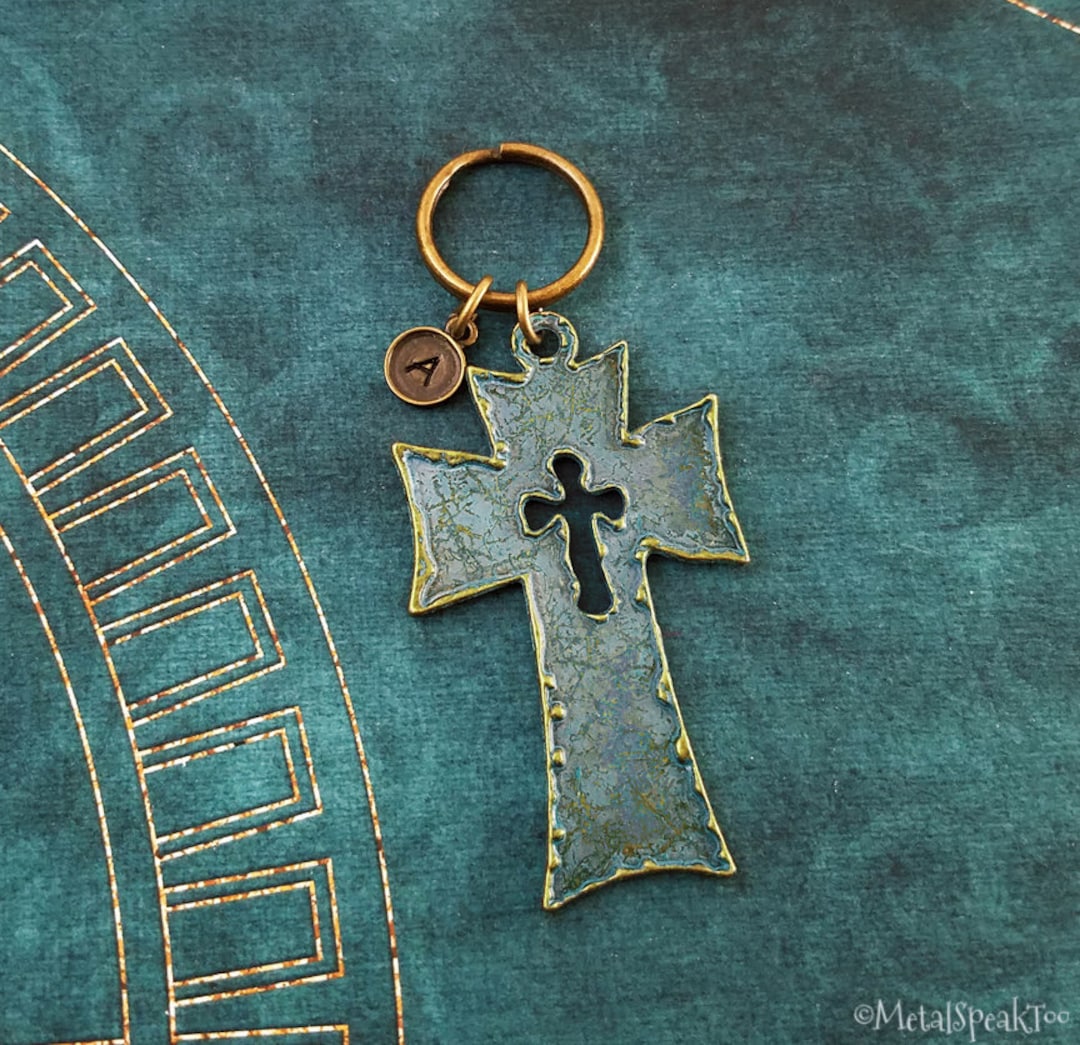 Cross Keychain Bronze Cross Keyring Patina Keychain Christian Keychain ...