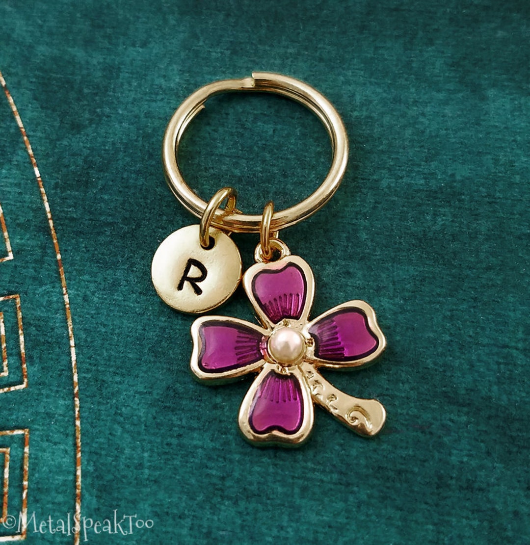 Flower Keychain SMALL Purple Flower Keyring Four Leaf Clover Keychain ...