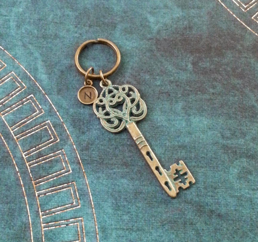 Key Keychain Bronze Skeleton Key Keyring Patina Keychain Blue | Etsy
