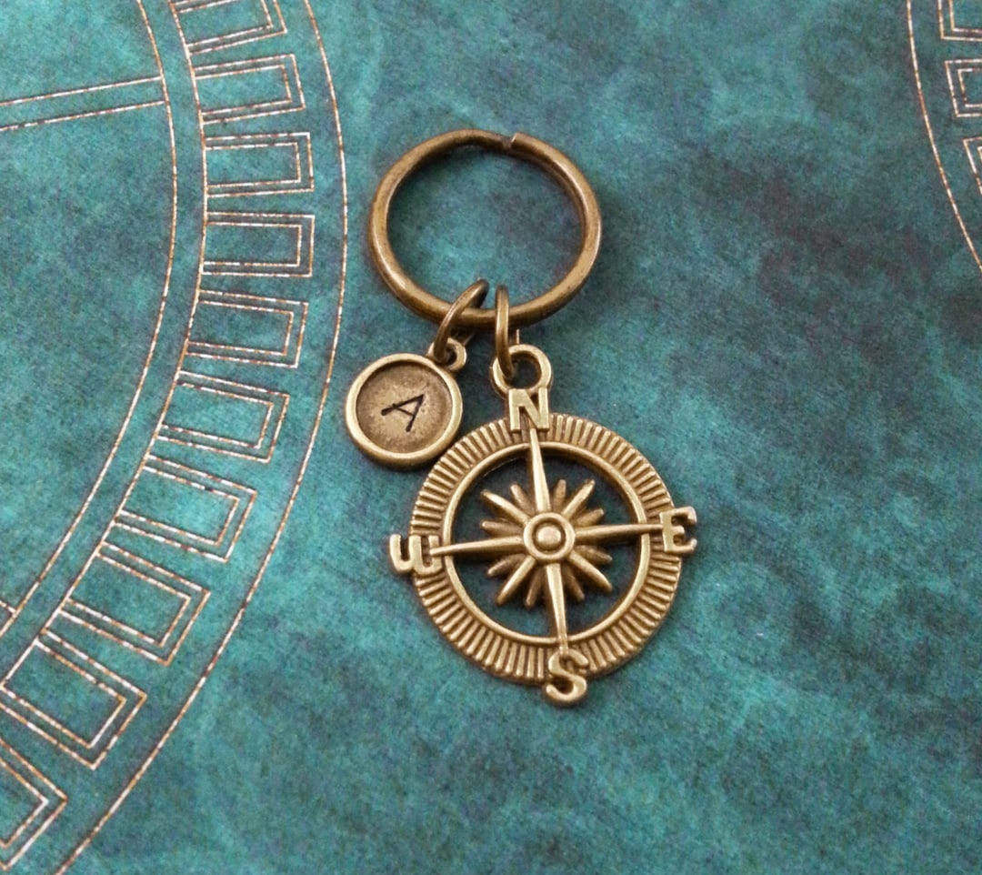 Compass Keychain SMALL Bronze Compass Keyring Personalized Keychain ...