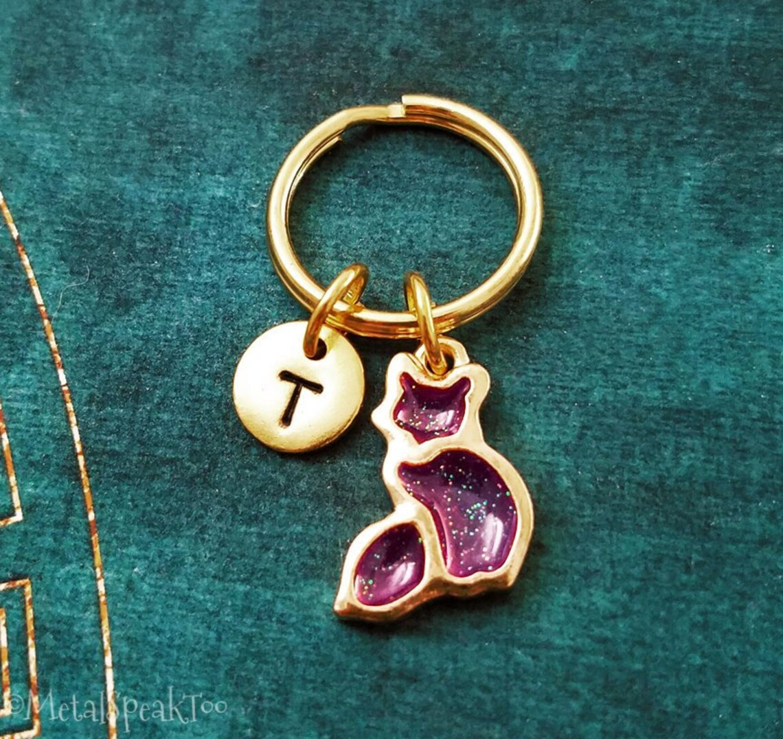 Cat Keychain VERY SMALL Purple Cat Keyring Cat Charm Keychain Kitten ...