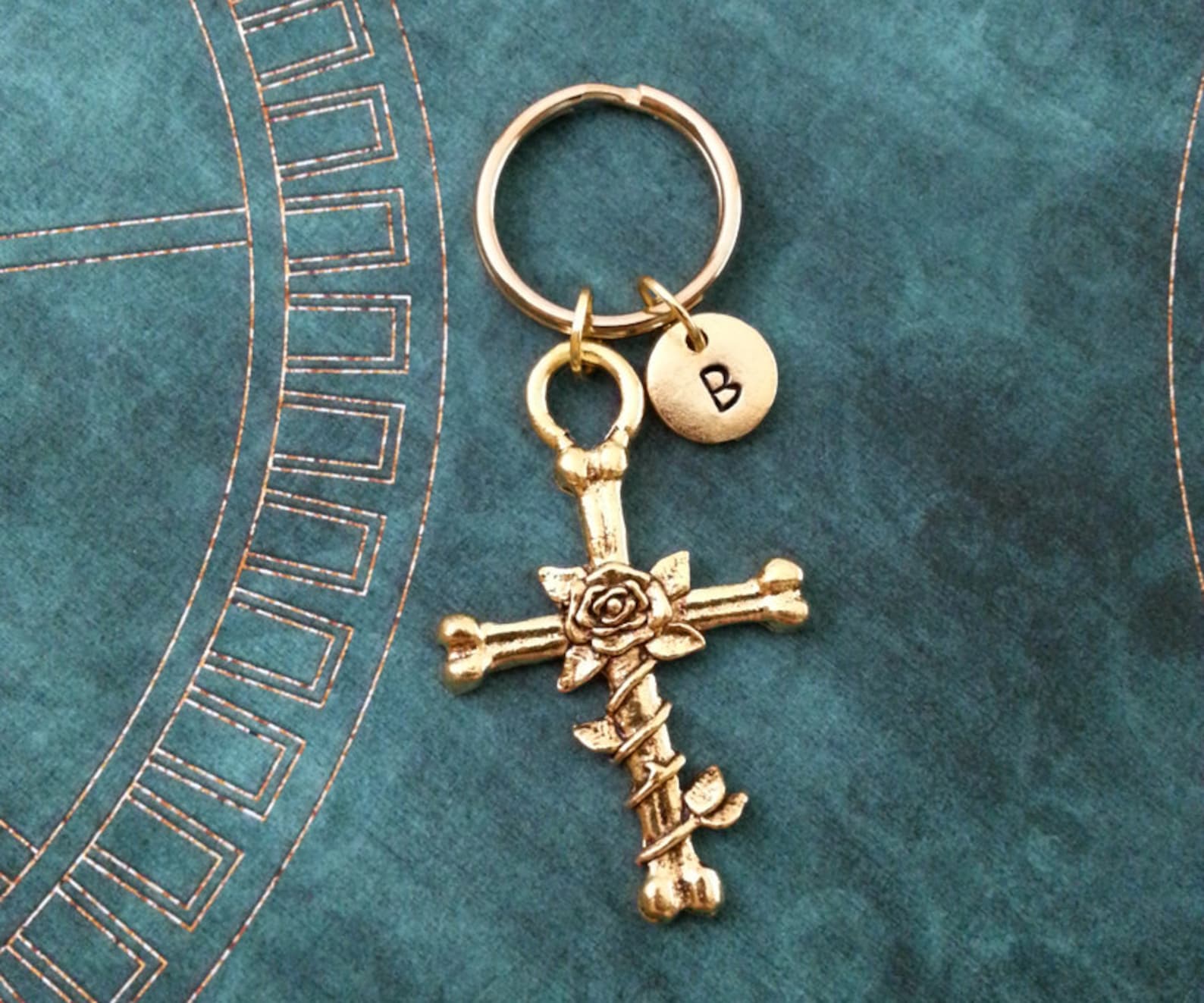 Cross Keychain Gold Rose Cross Keyring Personalized Keychain | Etsy