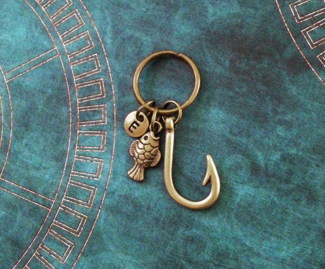 Fish Hook Keychain SMALL Bronze Fishhook Keychain Personalized Keychain ...