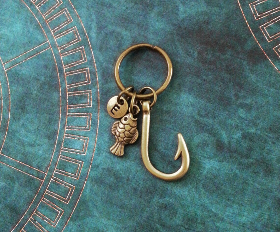 Fish Hook Keychain SMALL Bronze Fishhook Keychain Personalized - Etsy