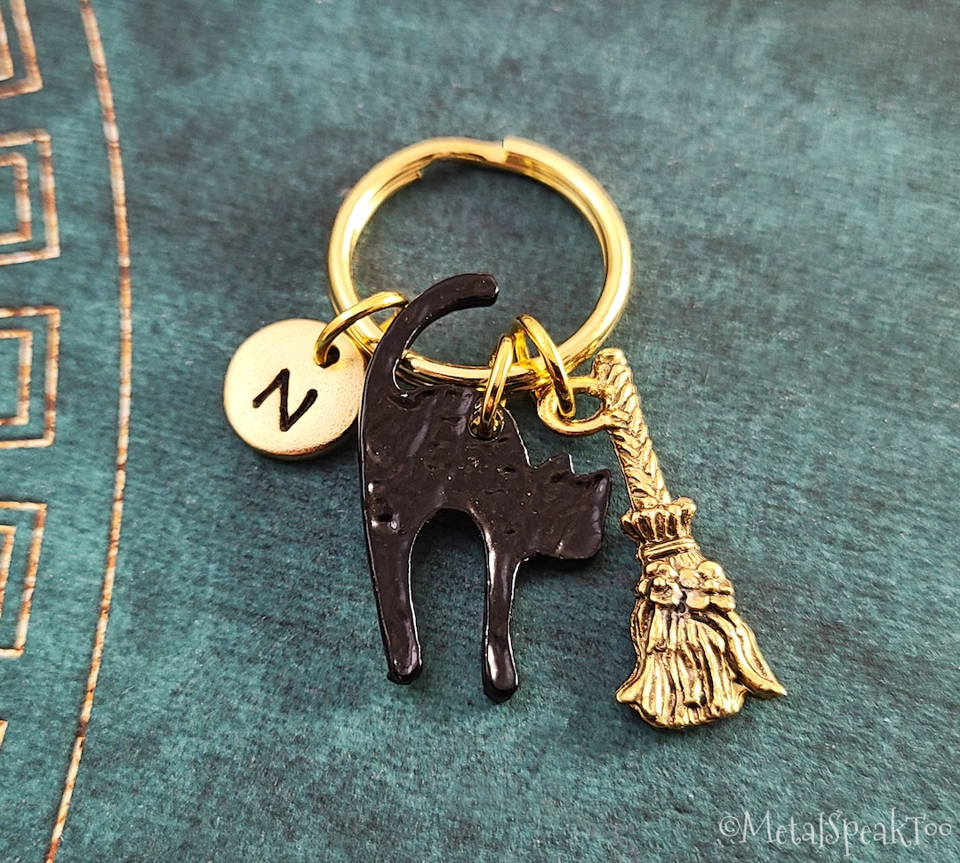 Black Cat Keychain SMALL Cat Keyring Witch Keychain Broom Keychain ...