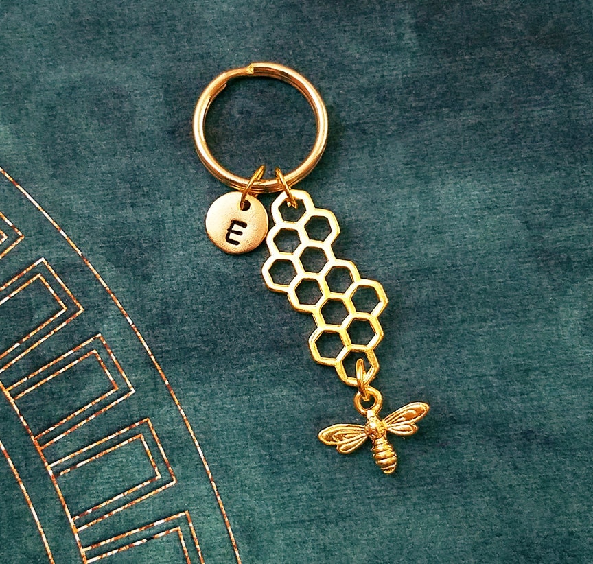 Honeycomb Keychain SMALL Honeycomb Keyring Honey Bee Keychain Queen Bee ...