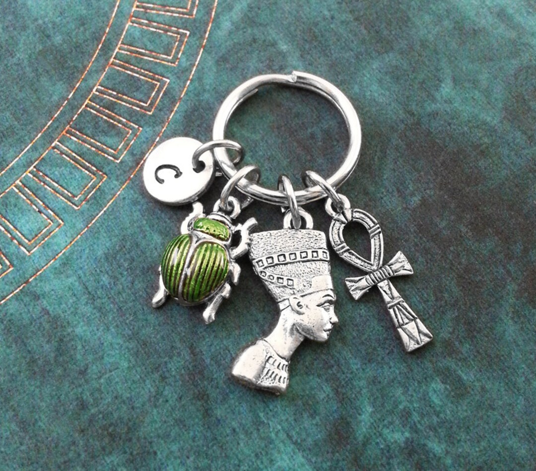 Nefertiti Keychain SMALL Silver Ankh Keychain Green Scarab Keychain ...