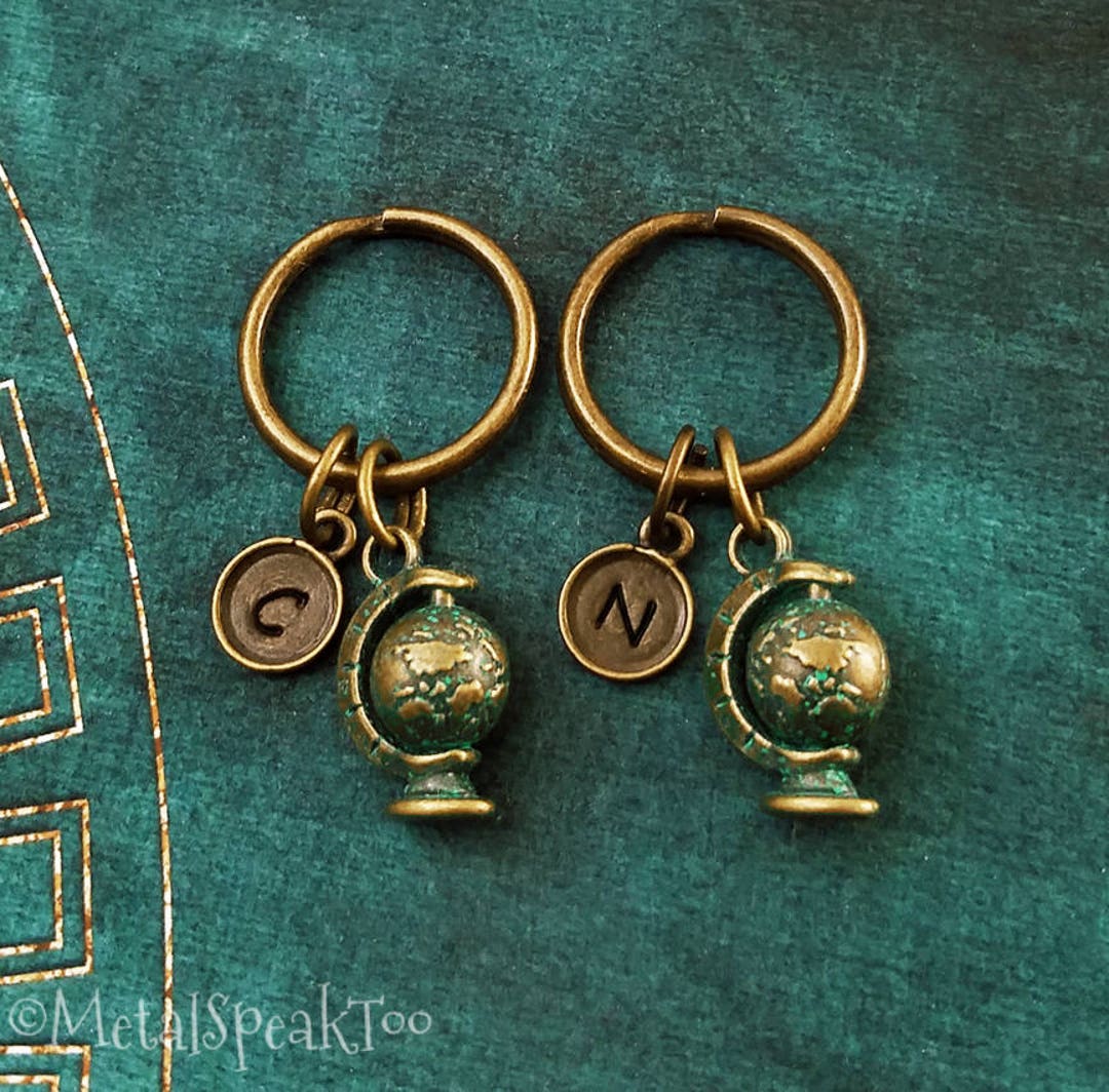 Globe Keychain SET of 2 SMALL Patina Globe Charm Keychains Girlfriend ...