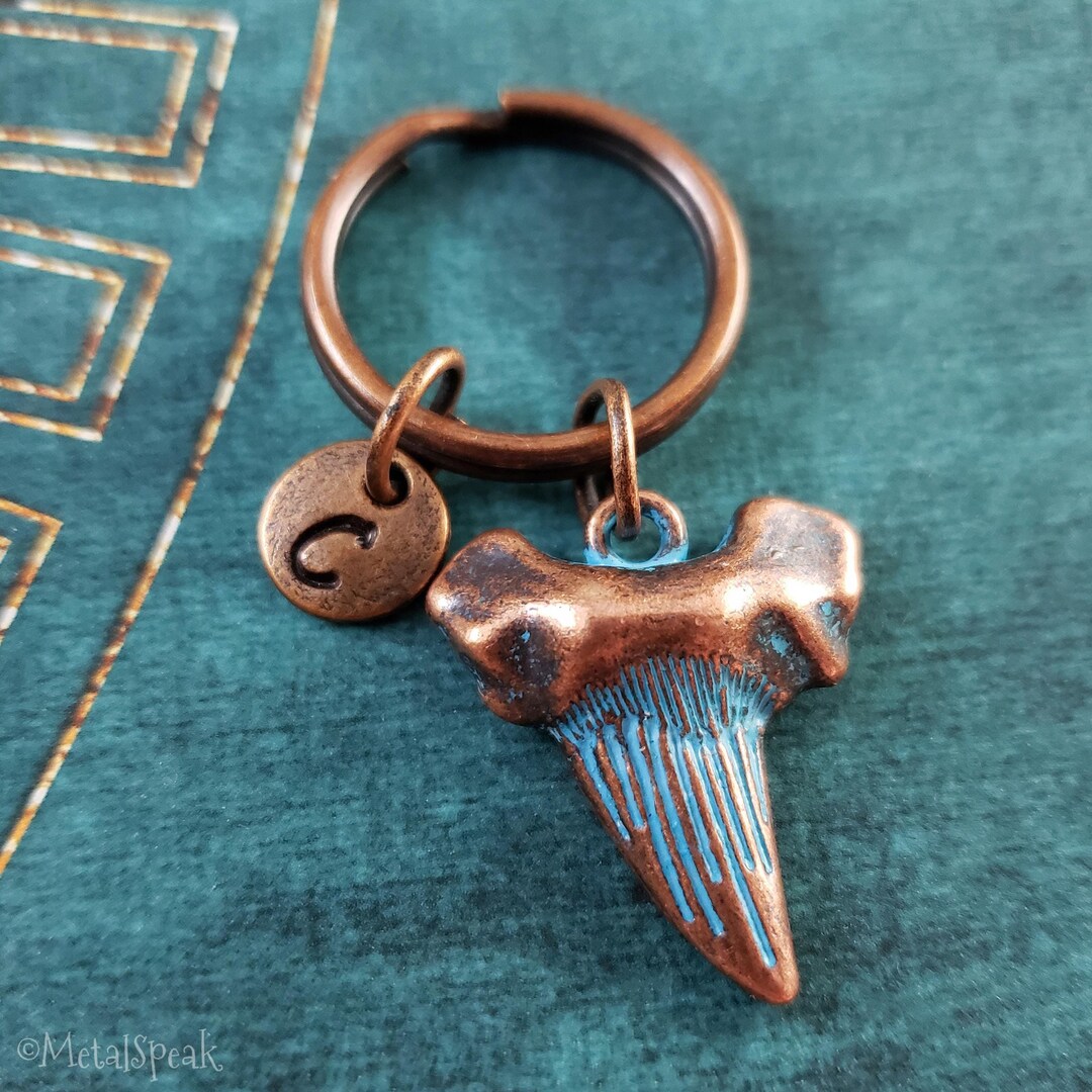 Shark Tooth Keychain SMALL Blue Patina Shark Pendant Keyring Copper ...
