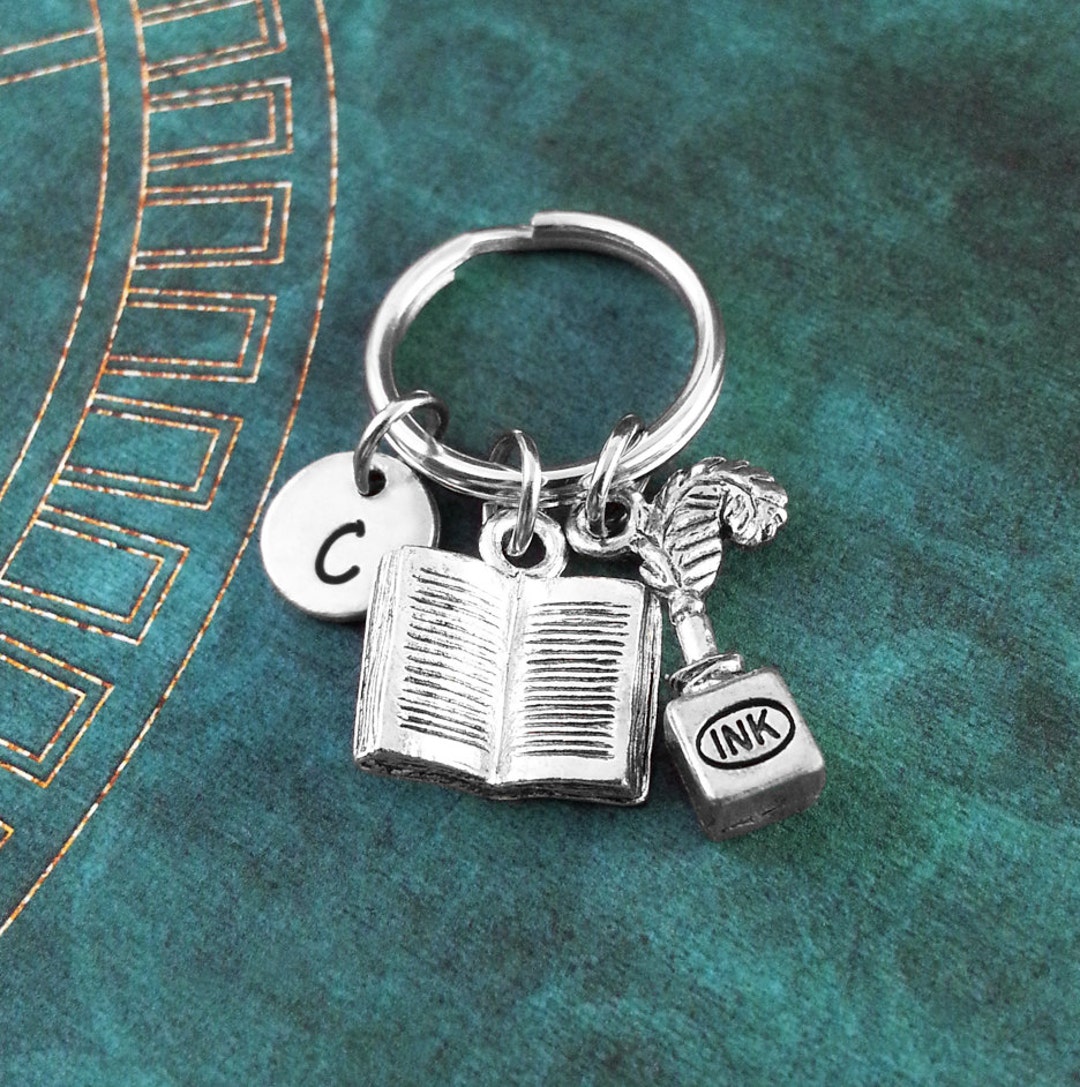 Book Keychain, Book and Quill Keyring, Personalized Keychain, Book Gift ...