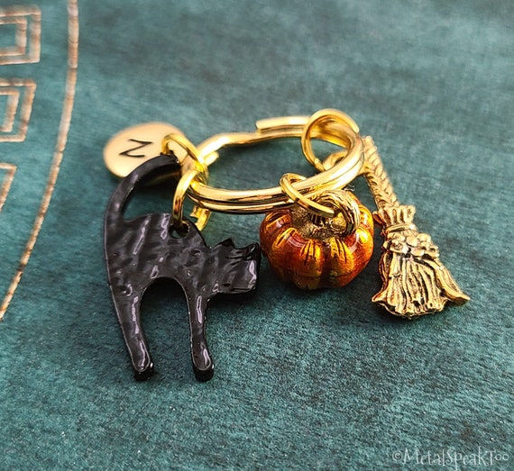 Pumpkin Keychain SMALL Black Cat Keychain Broom Keychain Witch | Etsy