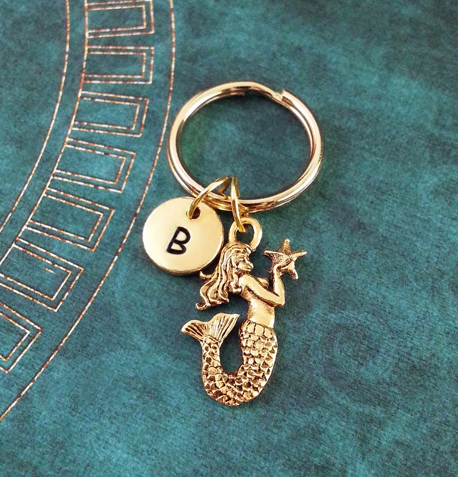 Mermaid Keychain Gold Starfish Mermaid Charm Hand Stamped - Etsy