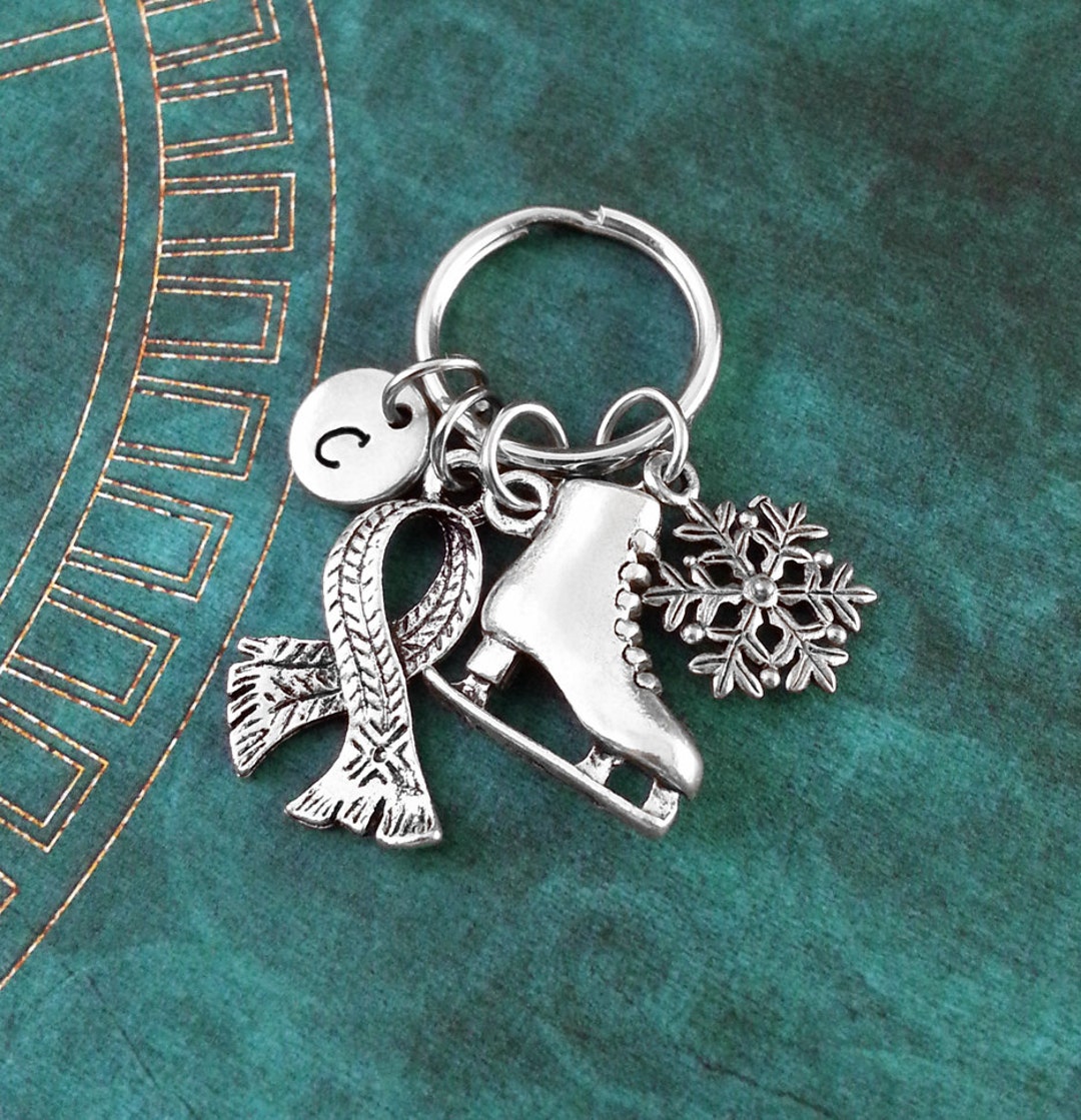 Ice Skate Keychain, Personalized Keychain, Scarf and Snowflake Keyring ...