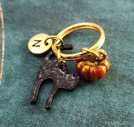 Pumpkin Keychain SMALL Pumpkin Keyring Black Cat Keychain | Etsy