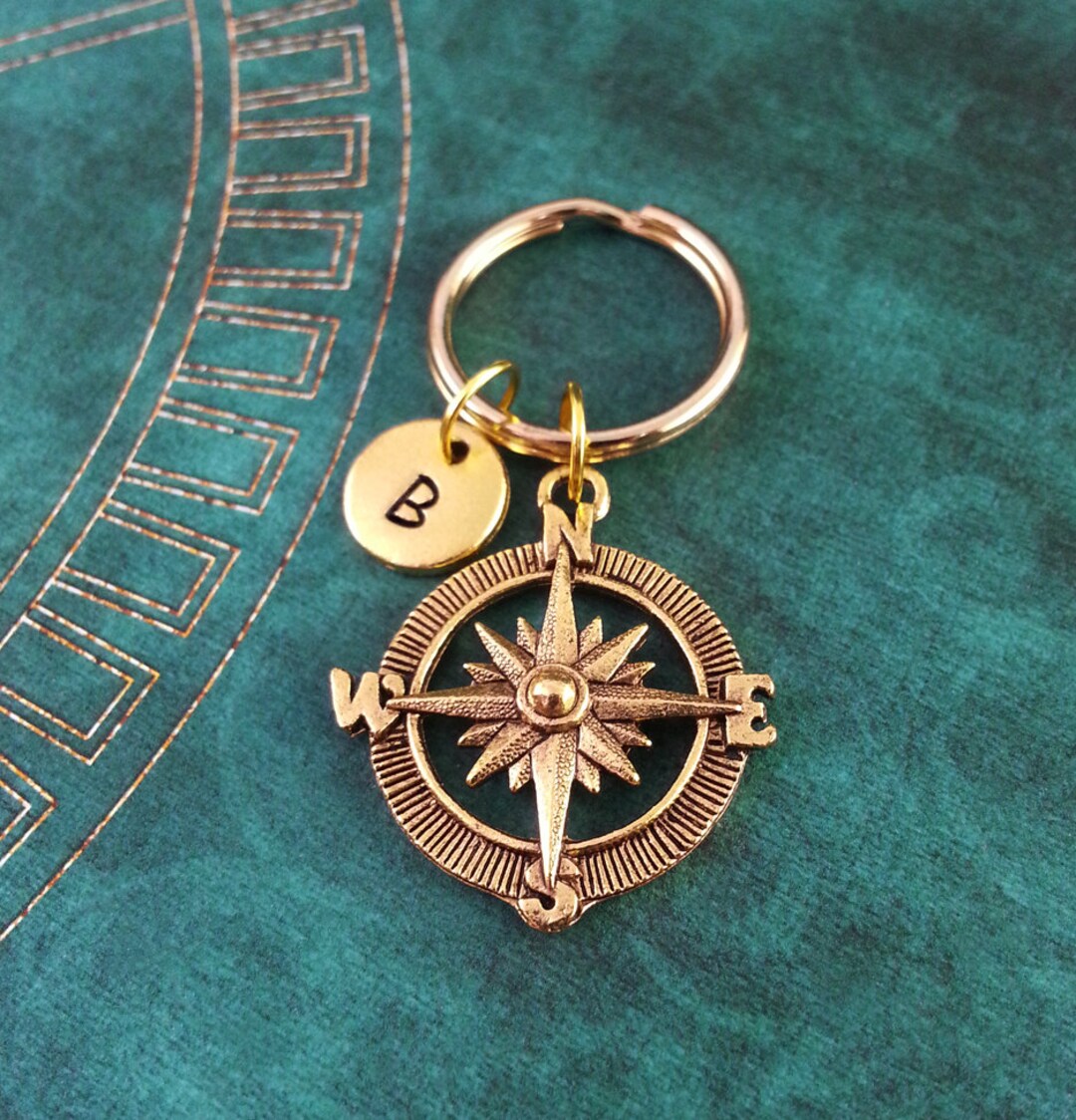 Compass Keychain, Gold Compass Charm, Personalized Key Ring, Compass ...