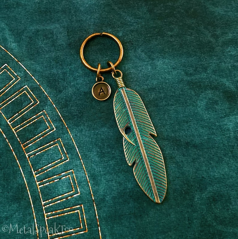 Feather Keychain SMALL Patina Feather Keyring Bird Keychain Bohemian ...
