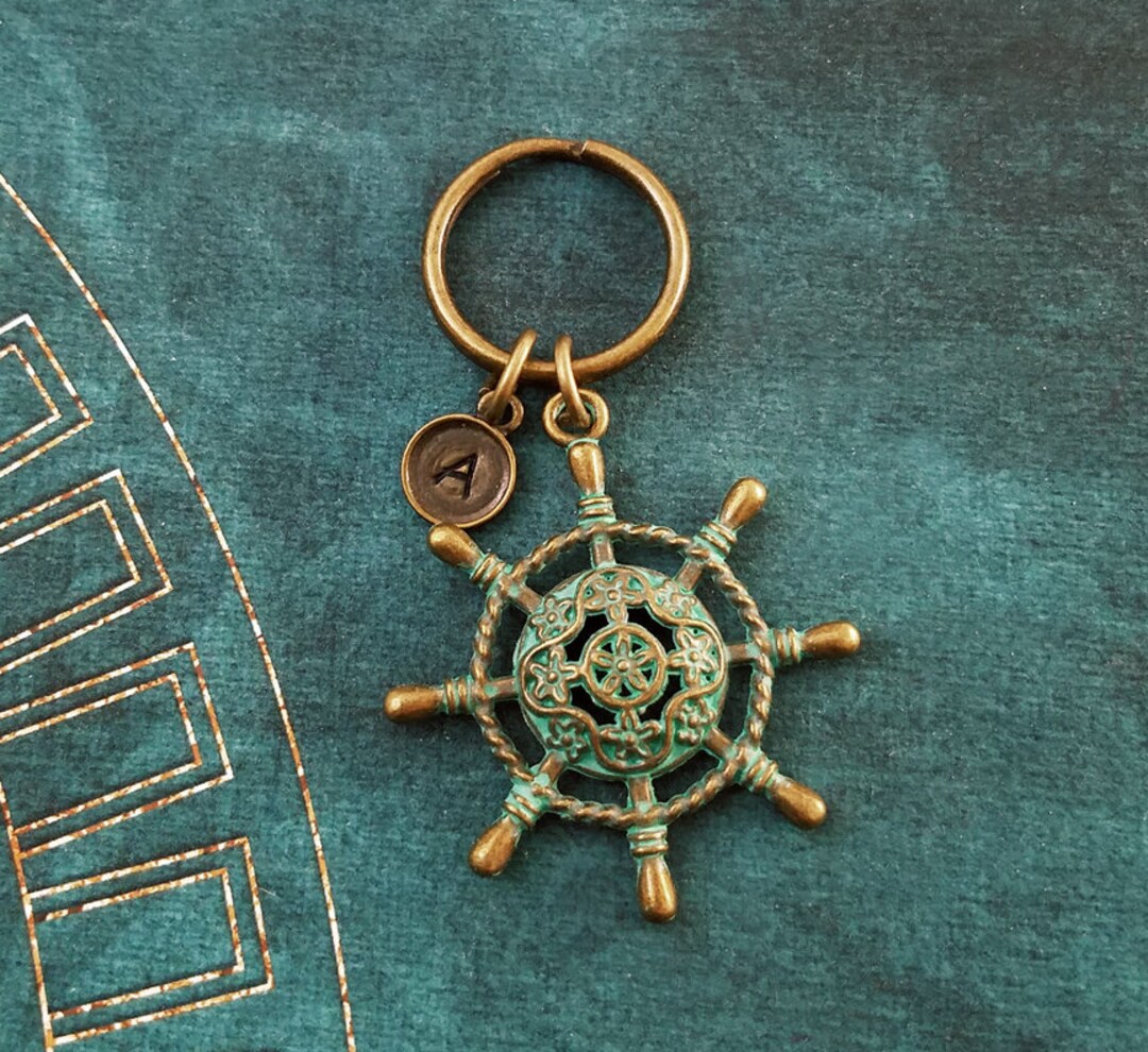 Ship Wheel Keychain SMALL Bronze Wheel Keyring Blue Patina Keychain ...