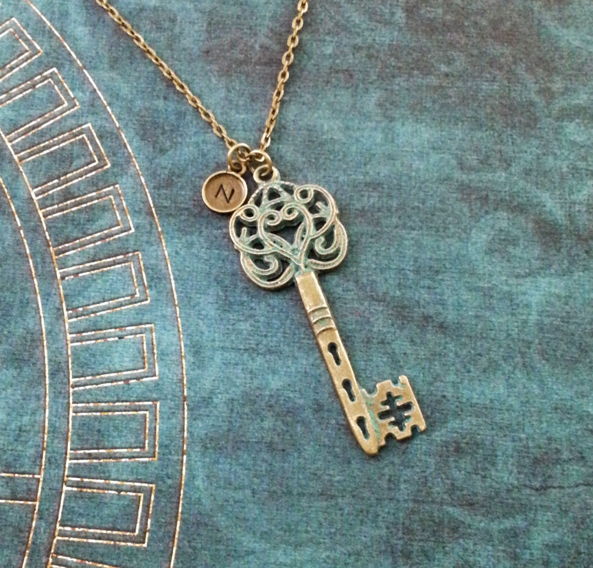 Key Keychain Bronze Skeleton Key Keyring Patina Keychain Blue - Etsy