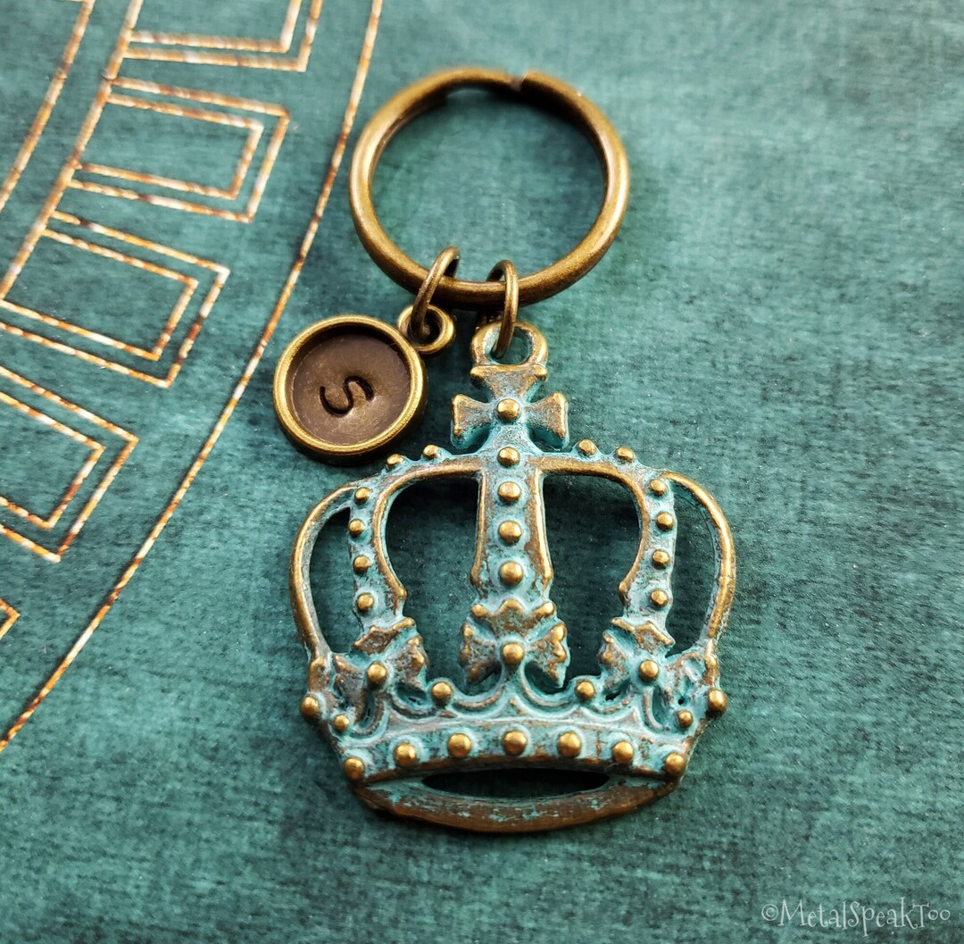 Crown Keychain SMALL Patina Crown Pendant Keychain Blue Antiqued Crown ...