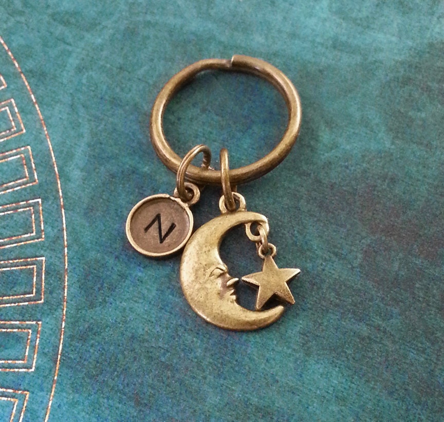 Moon Keychain VERY SMALL Bronze Moon Keyring Celestial | Etsy