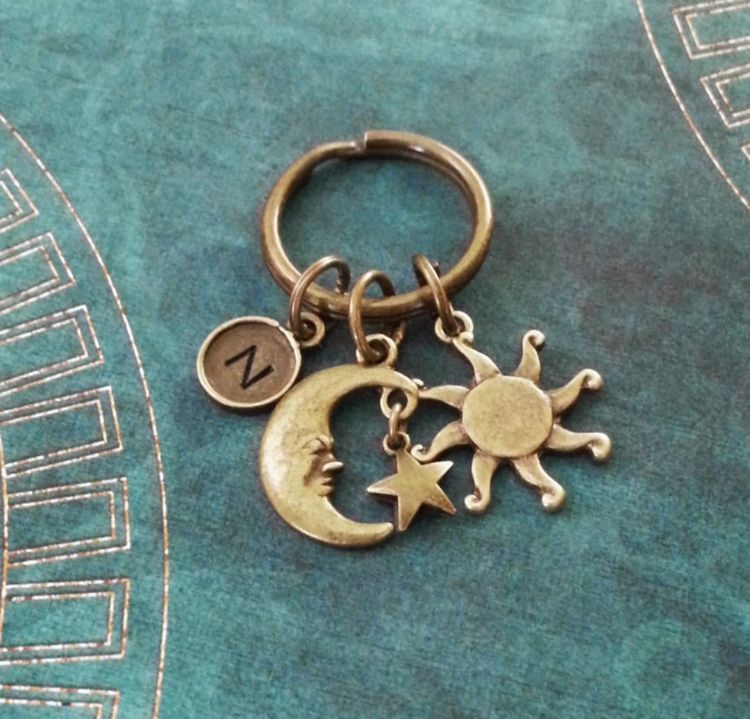 Sun Keychain Moon Keychain VERY SMALL Sun Keyring Bronze Moon Keyring ...