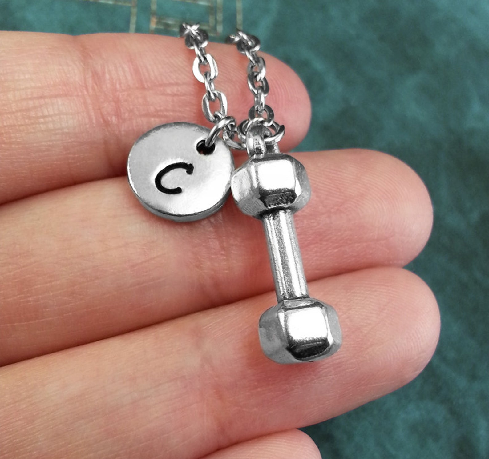 Dumbbell Keyring, SMALL Personalized Necklace, Barbell Pendant, Custom ...