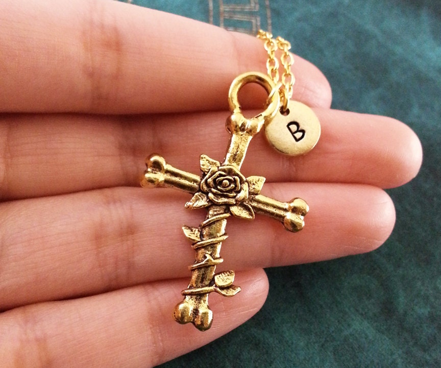 Cross Keychain Gold Rose Cross Keyring Personalized Keychain | Etsy