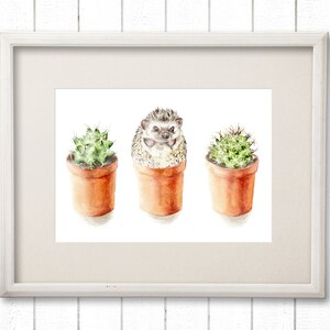 Hedgehog and Cactus Watercolor Limited Edition Print 8.5x11 Cute Quirky ...