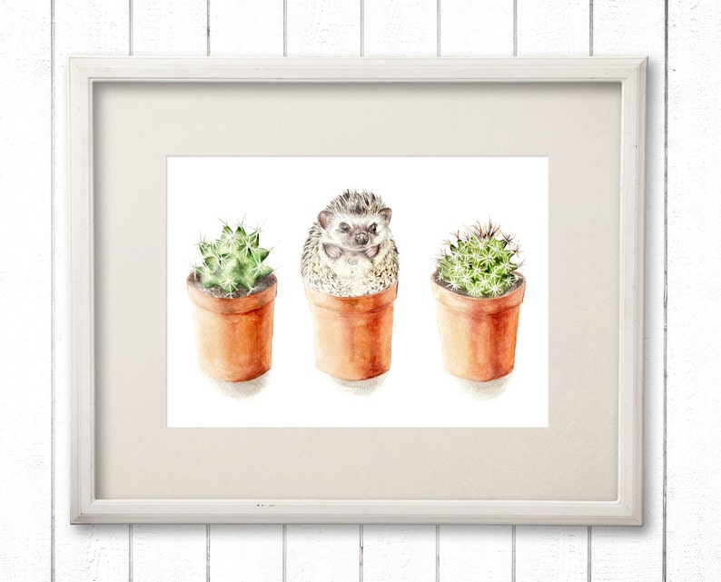Hedgehog and Cactus Watercolor Limited Edition Print 8.5x11 Cute Quirky ...